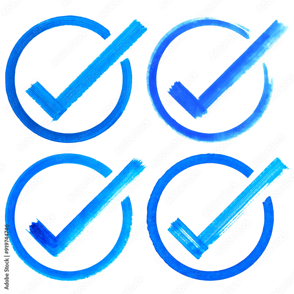 collection of blue watercolor brush stroke painted check mark inside a ...