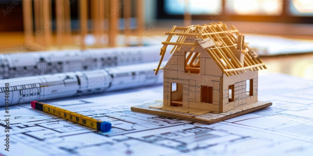 Miniature wooden house model on blueprints with a yellow measuring tape ...