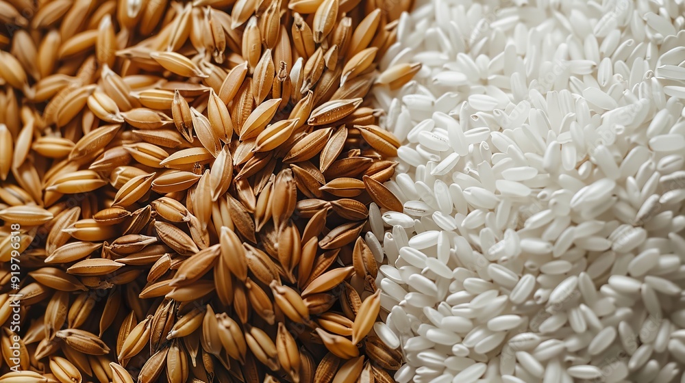 background filled on half with wheat grains, and half with rice grains ...