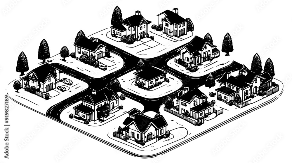 Suburban neighborhood with multiple houses, driveways, and uniform ...