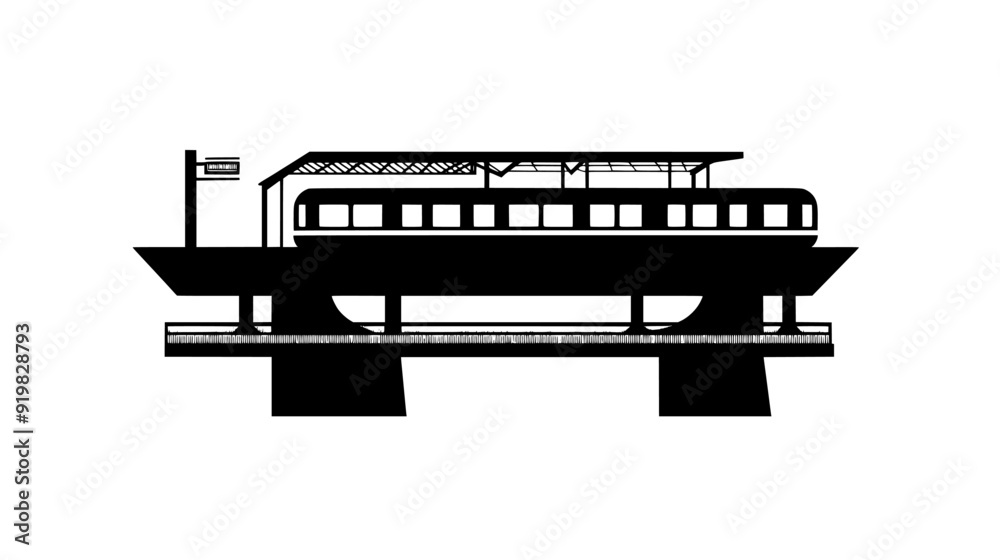Monorail station featuring elevated tracks, concrete platform ...