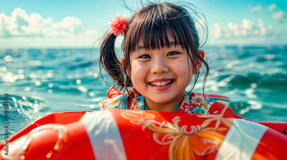 Young girl smiles as she sits in inflatable raft in the ocean. Stock ...