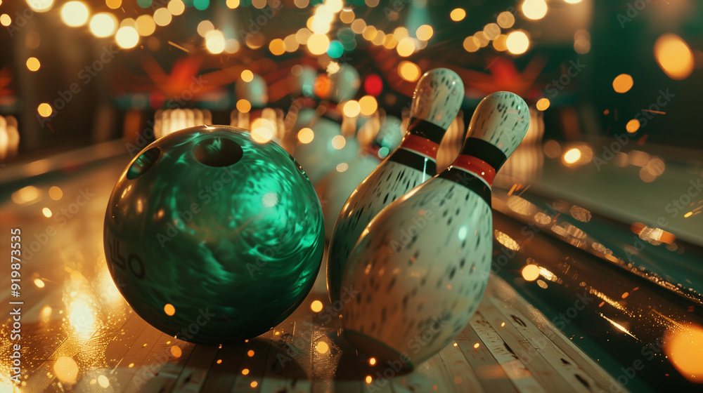 Green bowling ball knocking down bowling pins in a bowling alley ...