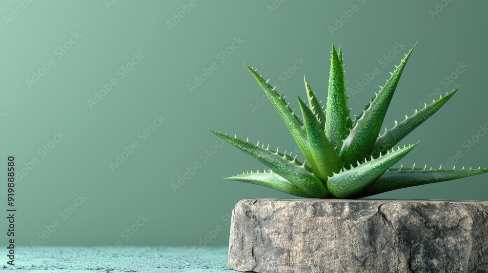 Aloe vera plant on a rock in front view with product podium and space ...