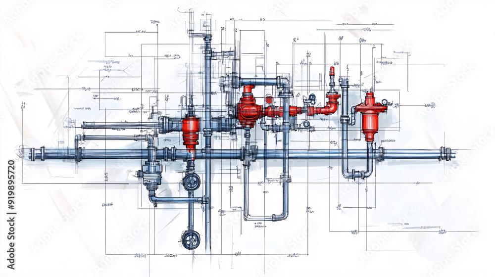 Precision Engineering: Annotated Technical Drawings of Plumbing Systems with Colorful Pipe ...