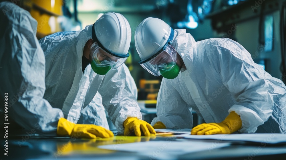 Generate a photo realistic image of workers undergoing radiation safety ...