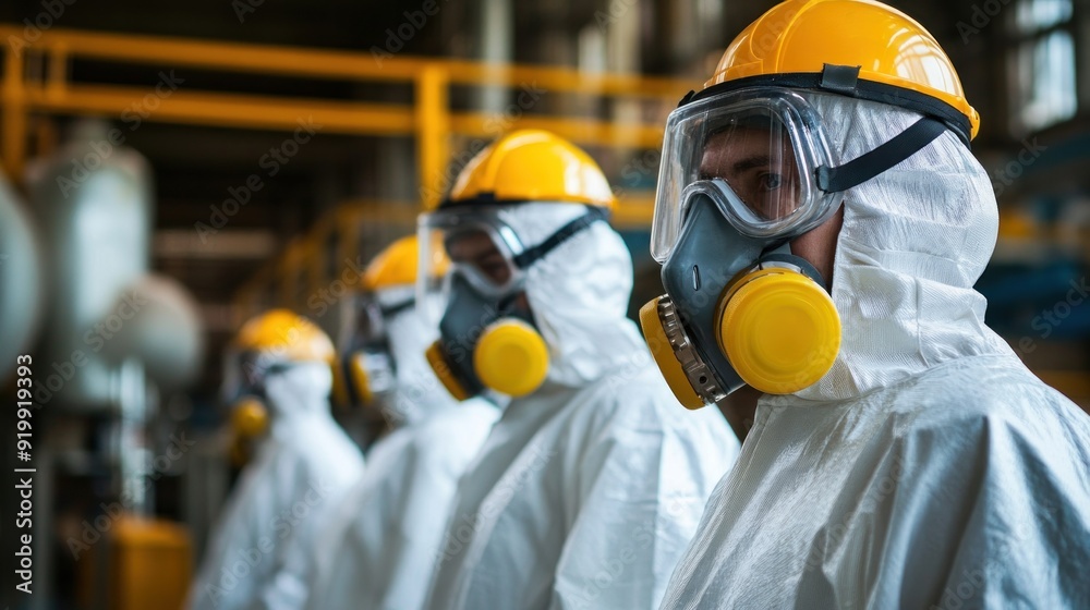 Generate a photo realistic image of workers undergoing radiation safety ...