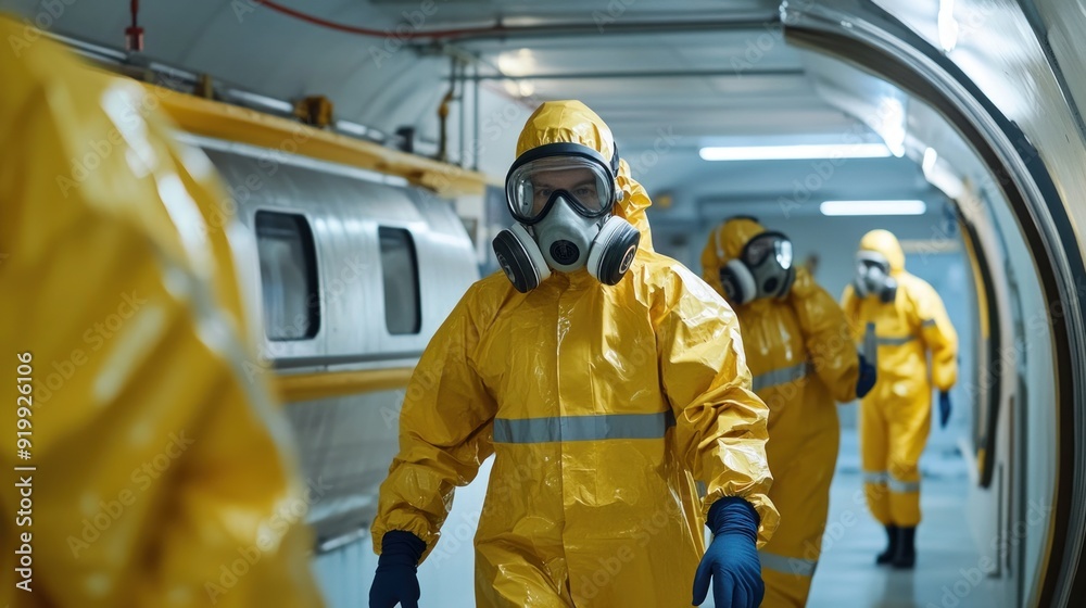 Generate a photo realistic image of workers undergoing radiation safety ...