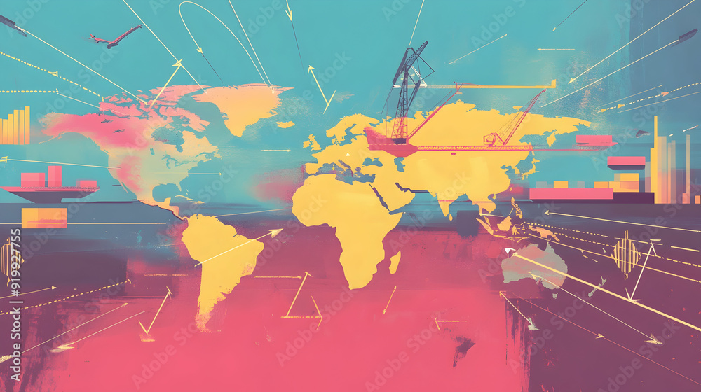 An illustration of international trade routes with arrows and goods ...