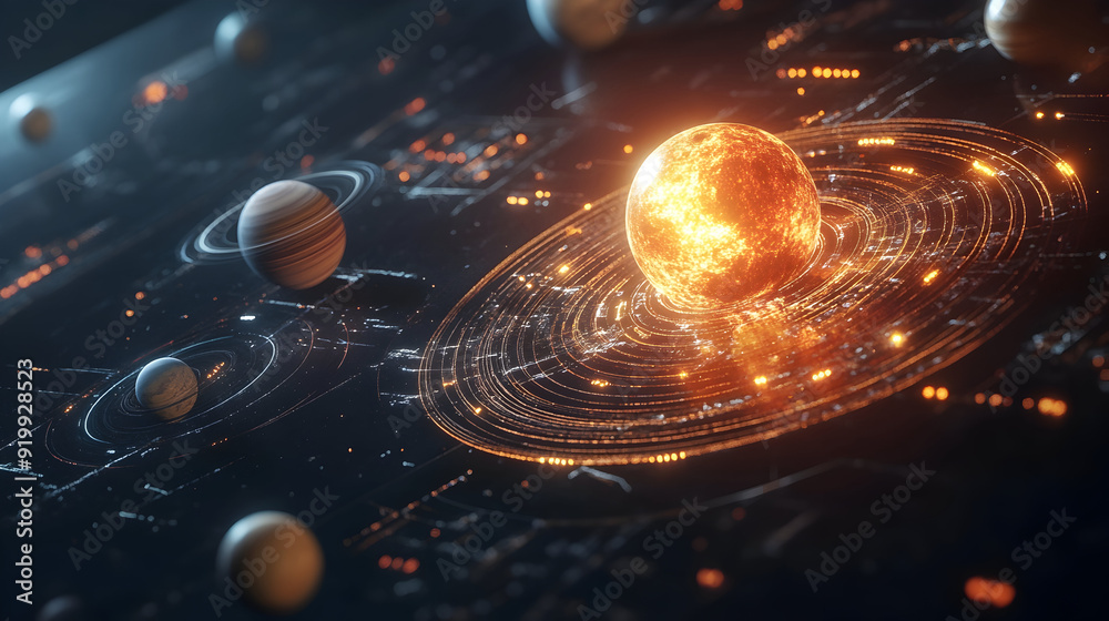 Holographic model of the solar system - A digital illustration showing a 3D holographic of the ...