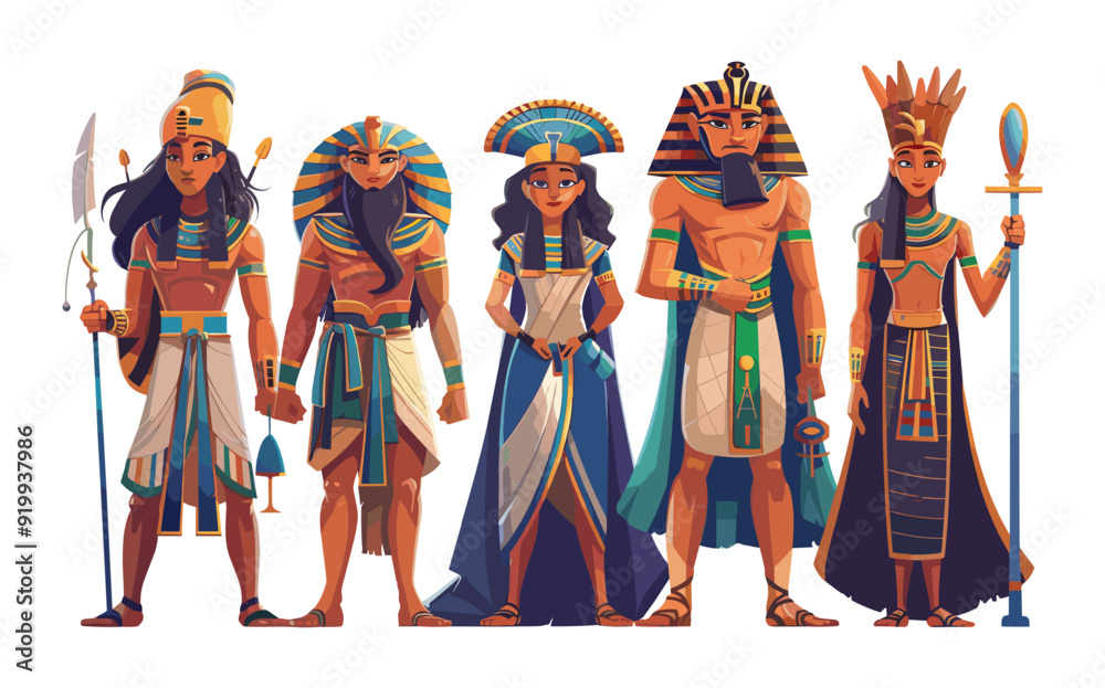 Egyptian gods cartoon vector scene. Pharaoh amun osiris gore ra ...