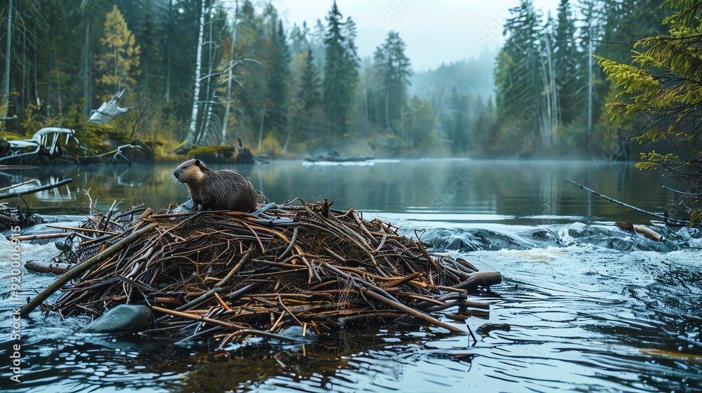 Beavers building dams to establish territory and control water flow ...