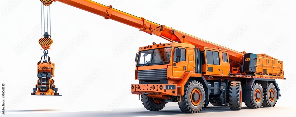 Mobile crane with an extended boom, positioned diagonally on a white ...