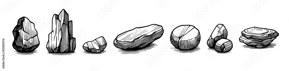 Rock pebble stone line vector engraving outline vector design. Sketch ...