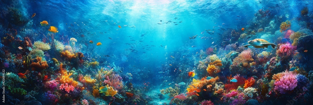 Coral reef dive banner design, vibrant marine life, schools of fish ...