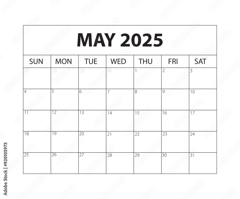 May 2025 Calendar. Vector calendar. Week starts sunday. Calendar ...