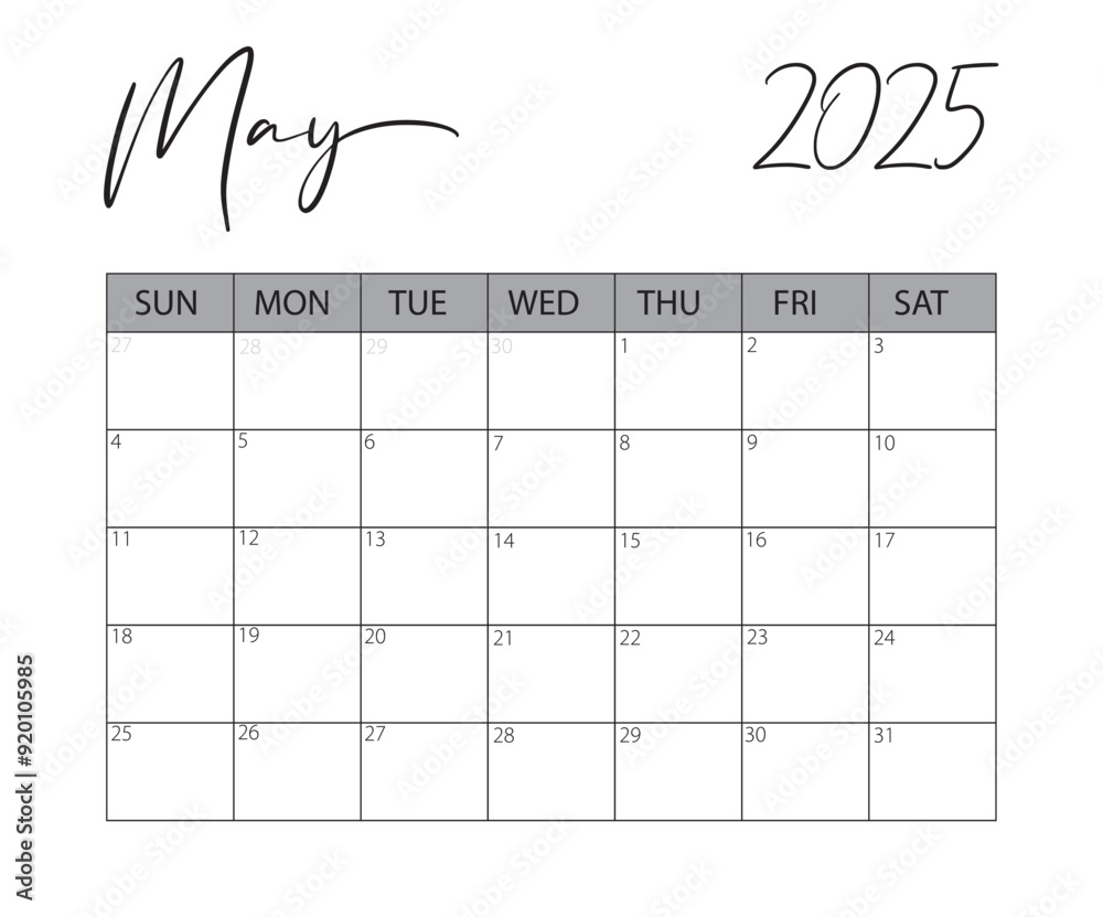 May 2025 Calendar. Vector calendar. Week starts sunday. Calendar ...