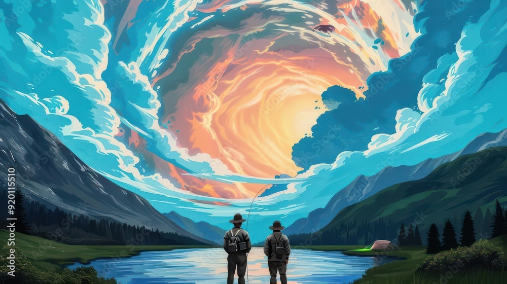 Campers by a holographic river, fishing under an AI-generated sky, tech ...