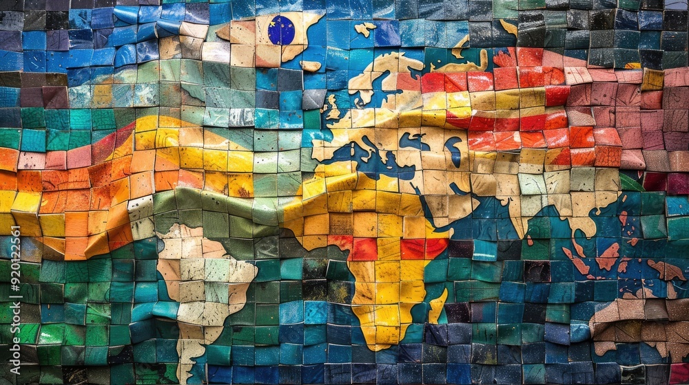 Colorful mosaic world map with vibrant colors and a textured surface. A ...