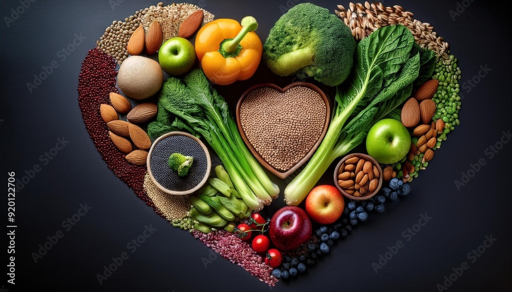Verduras, frutos secos, semillas y frutas en forma de corazón ...