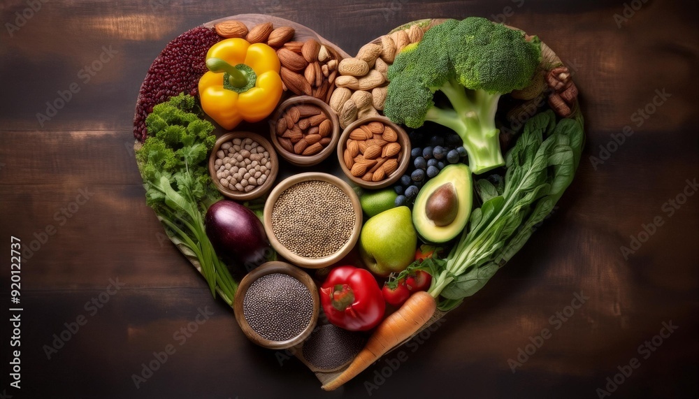 Verduras, frutos secos, semillas y frutas en forma de corazón ...