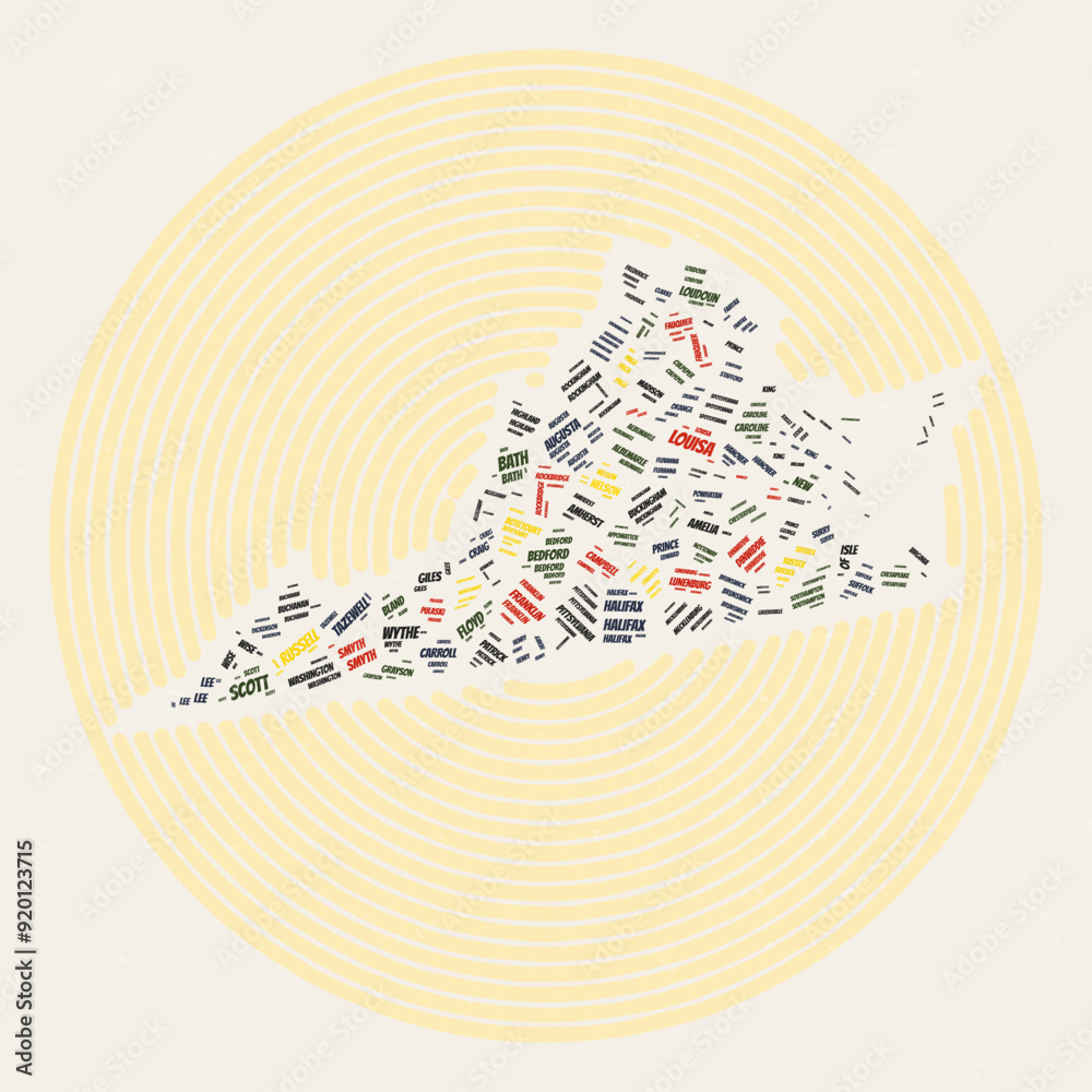 Virginia Round Poster. Typography style image of State. Counties word ...
