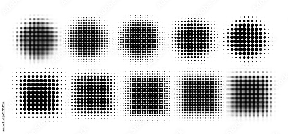 Circle halftone. Abstract dotted circles, round halftones geometric ...