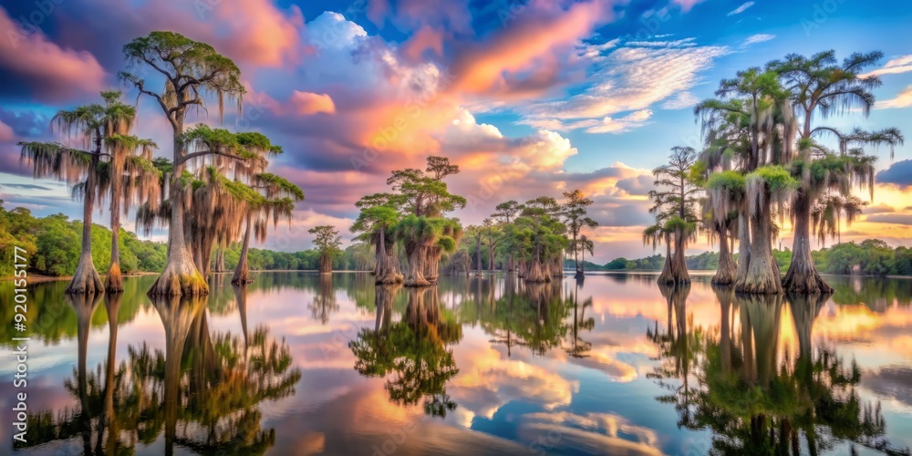 Serene southern bayou landscape featuring ancient cypress trees ...