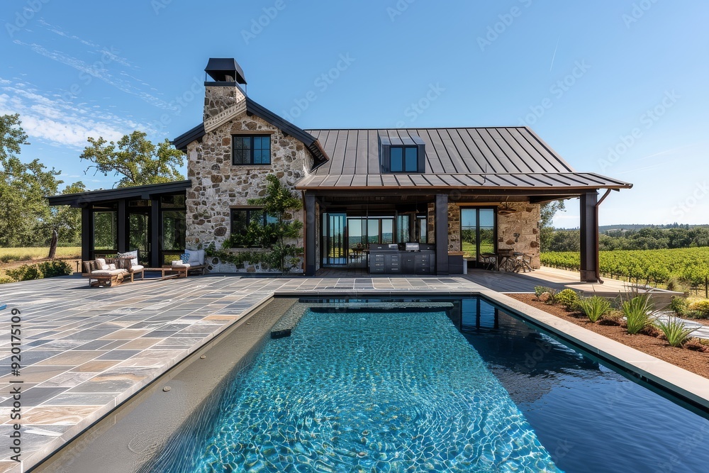 Modern farmhouse with large pool, stone accents, flat metal roof, black ...
