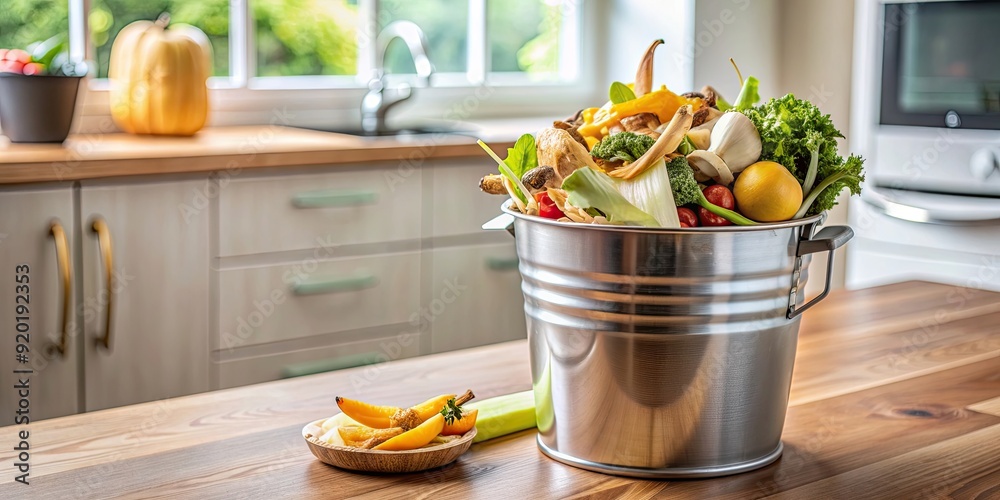 Kitchen waste being sorted in compost-bucket on countertop, compost ...