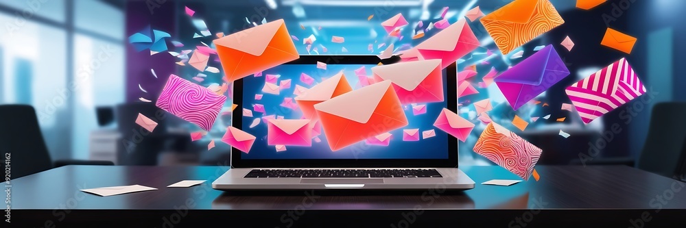 a laptop receiving multiple emails shows flying envelopes. digital ...
