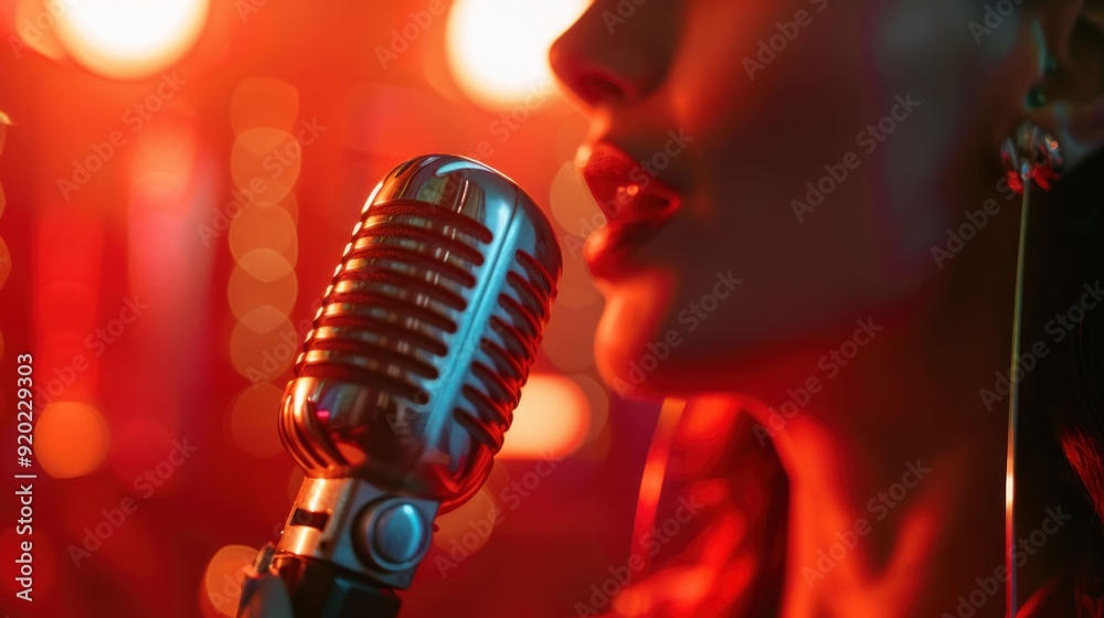 Elegant singer performing on stage with vibrant red and yellow lights ...