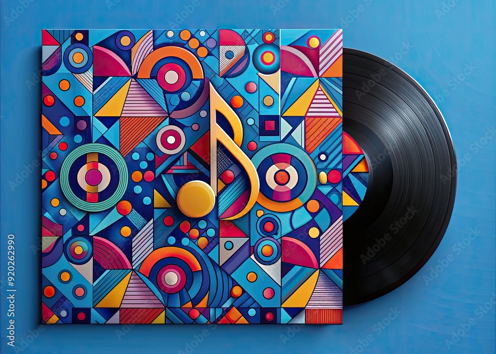 Vibrant vinyl record album cover featuring a stylized musical note ...