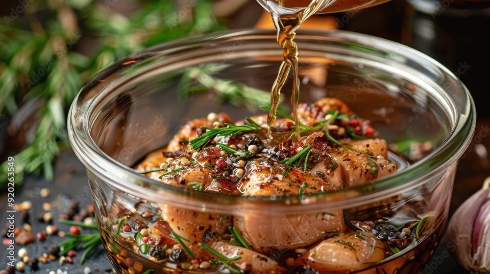 Foto de Stock Marinating: The process of soaking food in a flavored ...