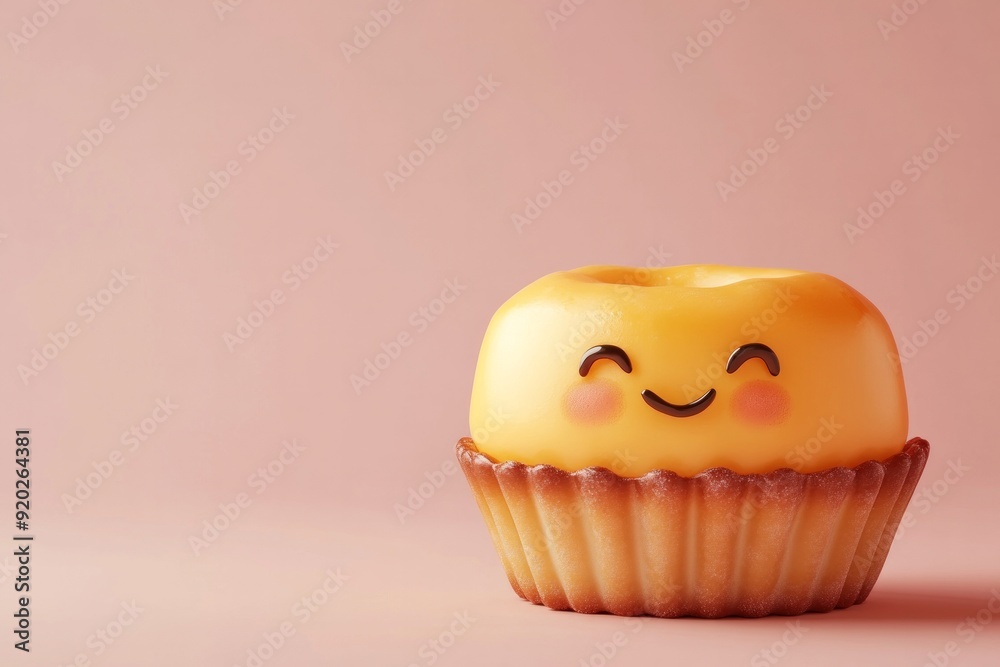Cute Pastel de nata with face, 3d cartoon character on pink background ...