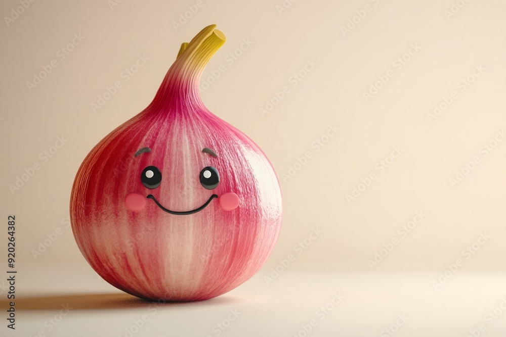 Cute red onion with face, 3d cartoon character on beige color ...