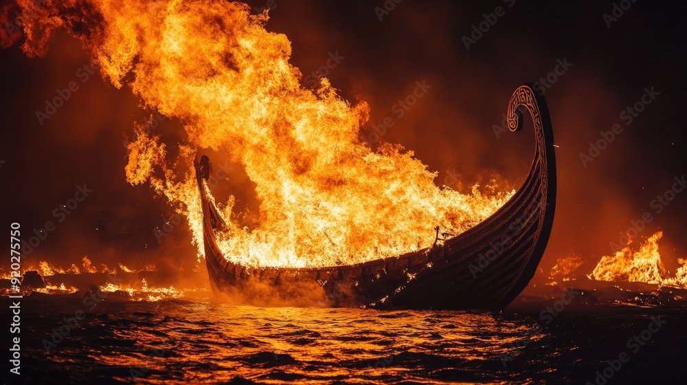 The dramatic scene of a Viking ship burning, with flames rising against ...
