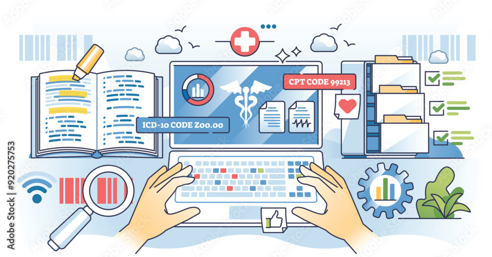 Medical coding training and healthcare billing coder studies outline hands concept. Learning CPT ...