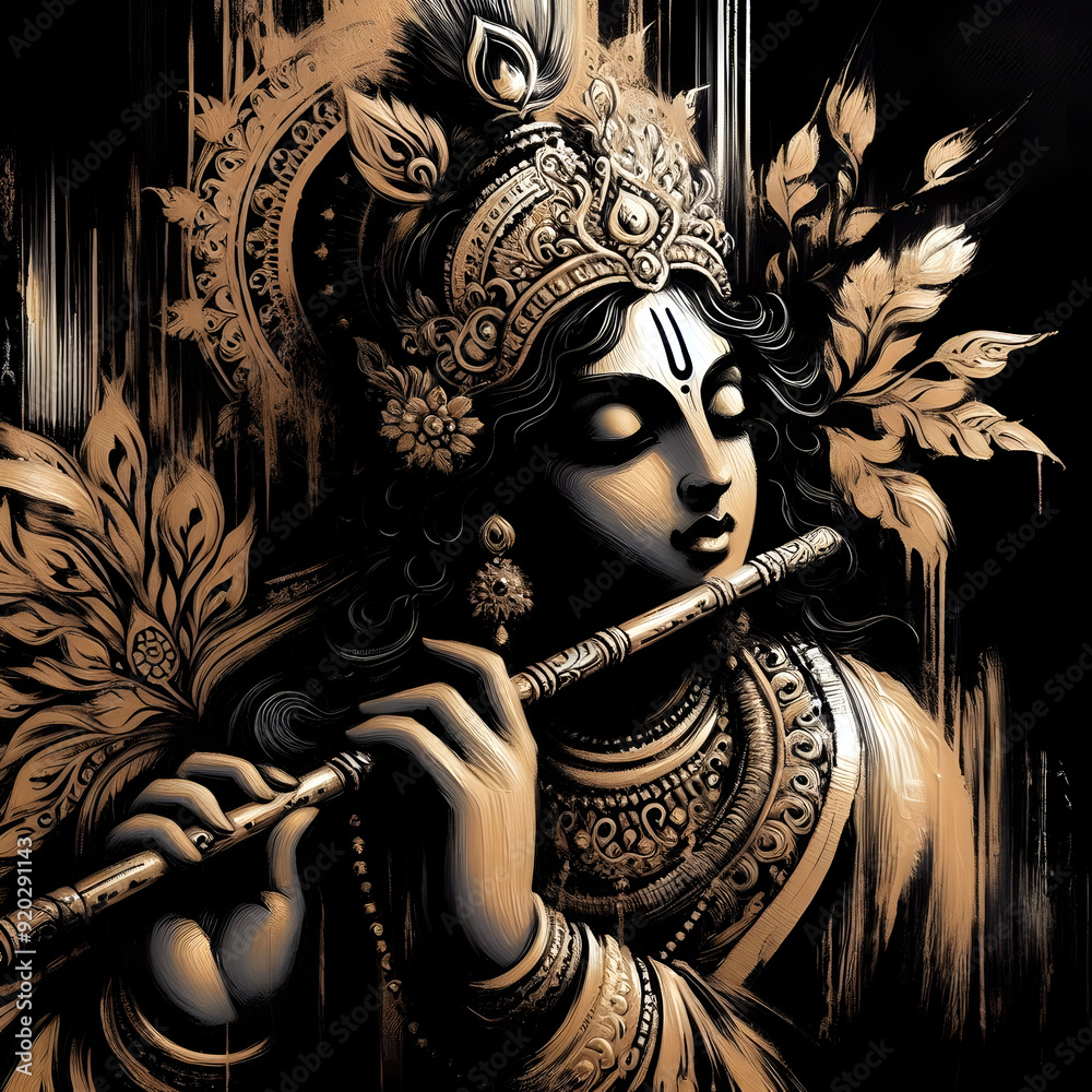 black and golden oil paint brush stroke art of lord krishna with flute ...