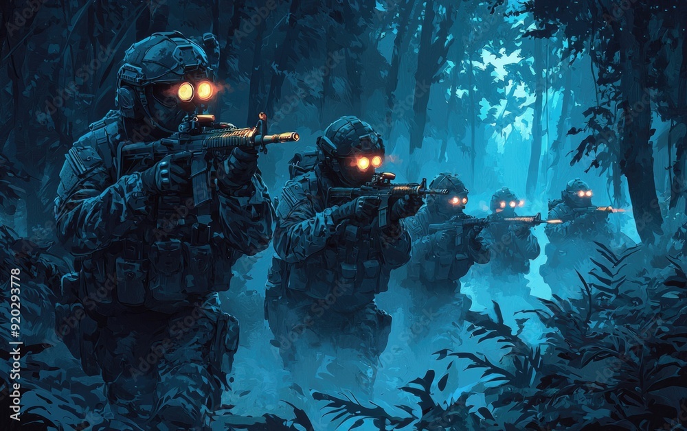Brave Cartoon Soldiers in Night Vision Gear Tackling Darkness with ...