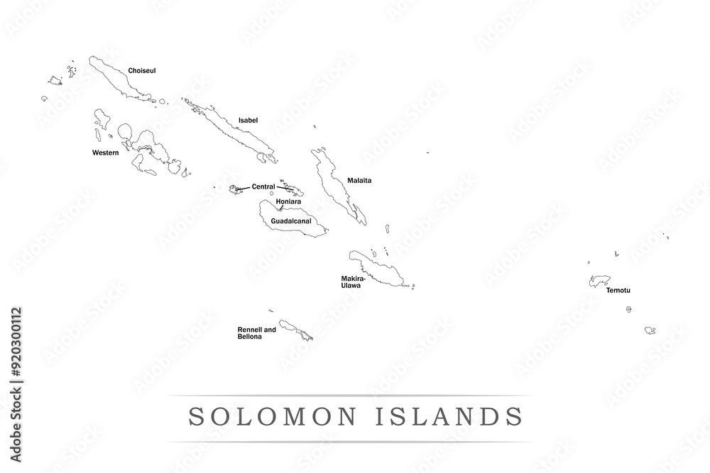 Administrative regions of SOLOMON ISLANDS. Province, state, division name with white map with ...