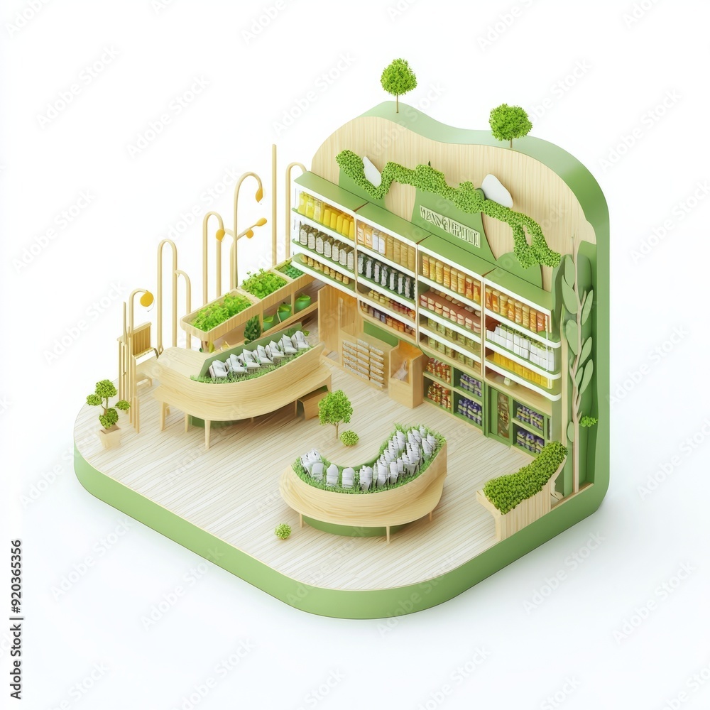 3D Render of a grocery store with an eco-friendly design and ...