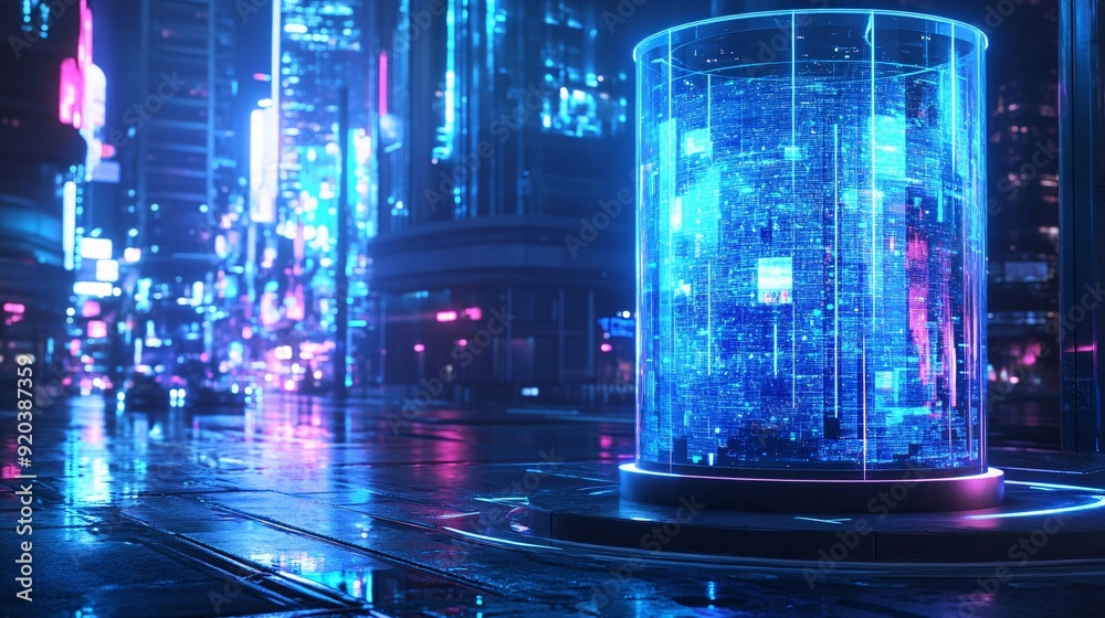 240804 251. Holographic projection platform with glitch art digital ...