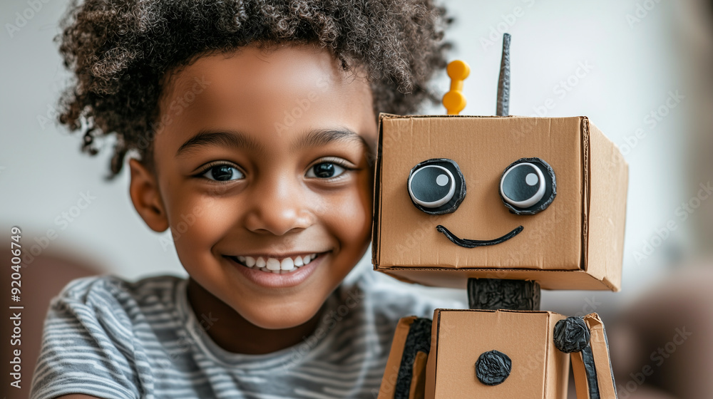 An African American boy smiles and hugs a robot made of recycled ...