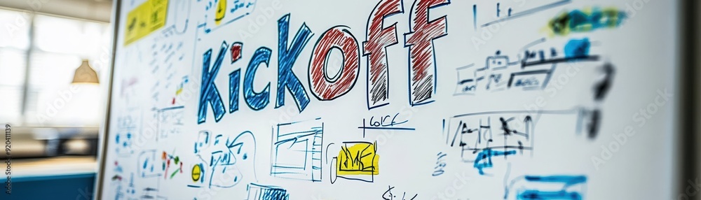 A whiteboard covered with colorful doodles and notes, prominently ...