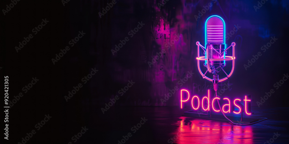 Professional microphone and red neon on air sign on dark blue ...