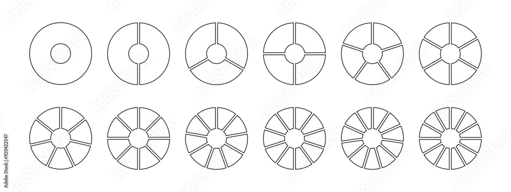 Circle division infographic icon set. Pie chart divided 8,9,10 equal parts. Outline ring donut ...