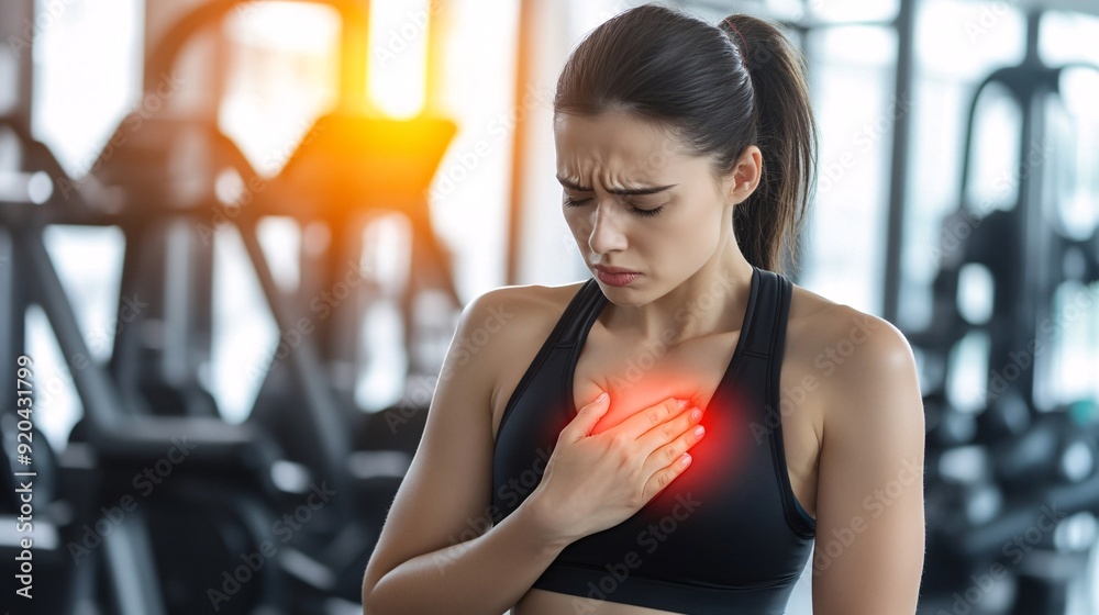 240805 96. A woman having chest pain at gym. Pectorals inflammation due ...