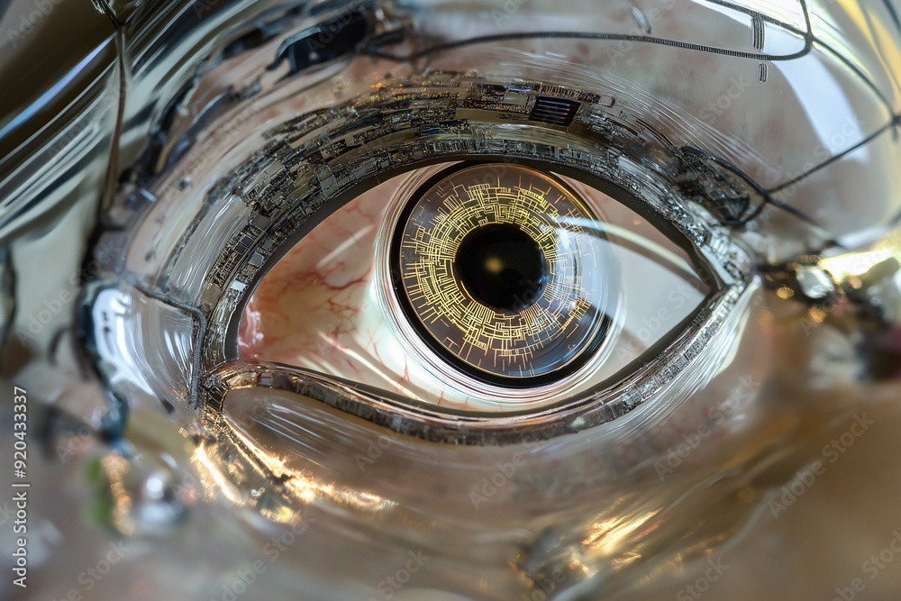 Primer plano de un ojo cibernético, biónico con circuitos y reflejos en ...