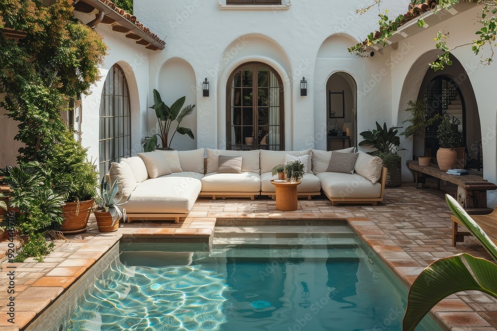 Upscale Los Angeles patio and pool area with white stucco walls, arched ...
